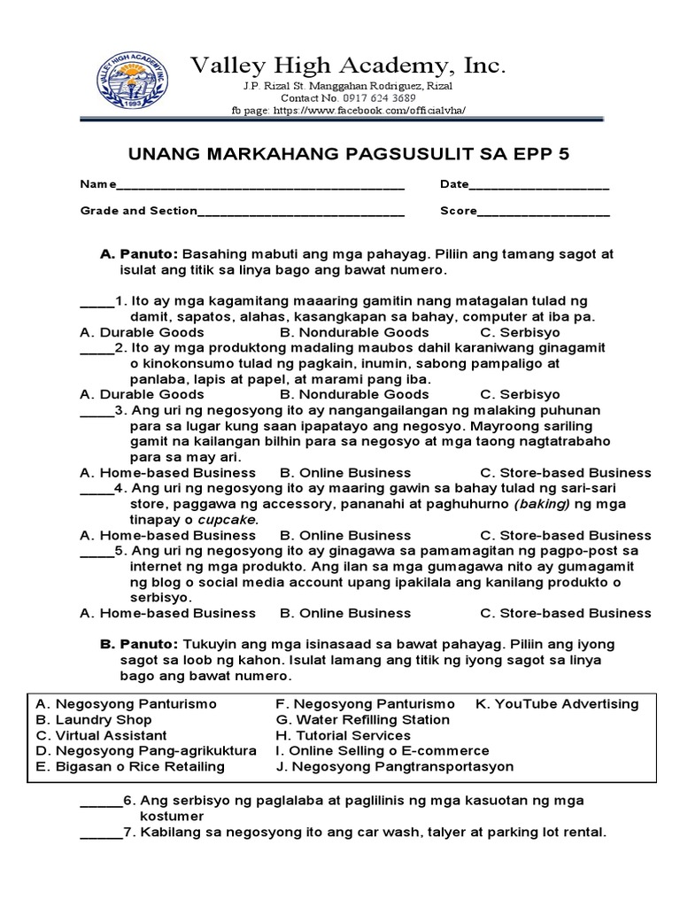 1st Quarterly-Exam in EPP 5 | PDF