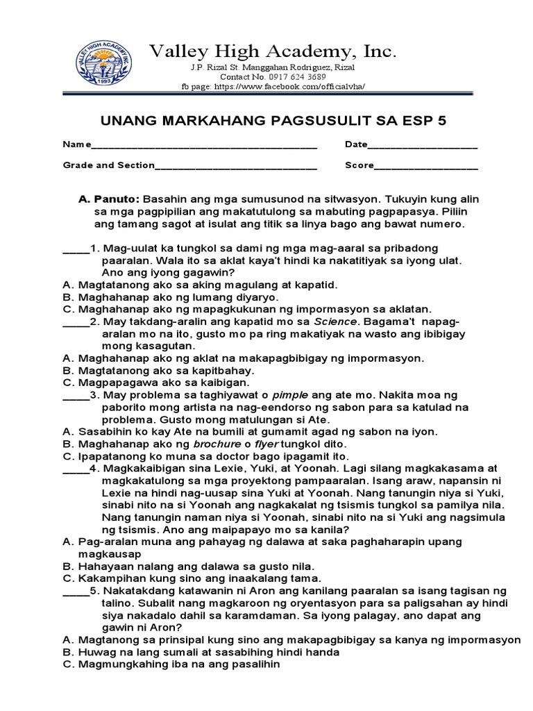 1st Quarterly-Exam in ESP 5 | PDF