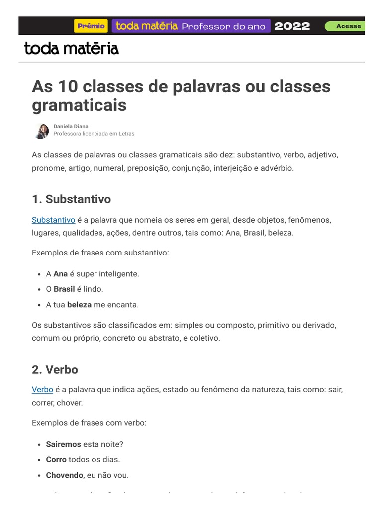 As 10 Classes de Palavras Ou Classes Gramaticais - Toda Matéria | PDF ...