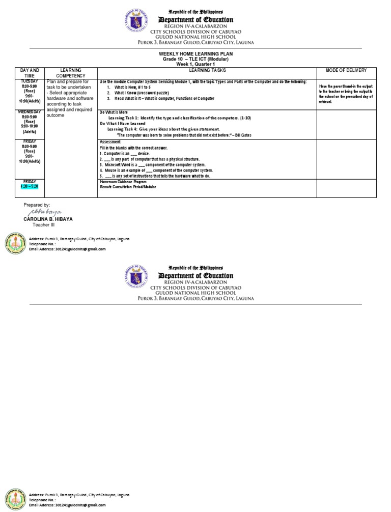Grade 10 TLE ICT Weekly Learning Plan | PDF | Educational Technology ...