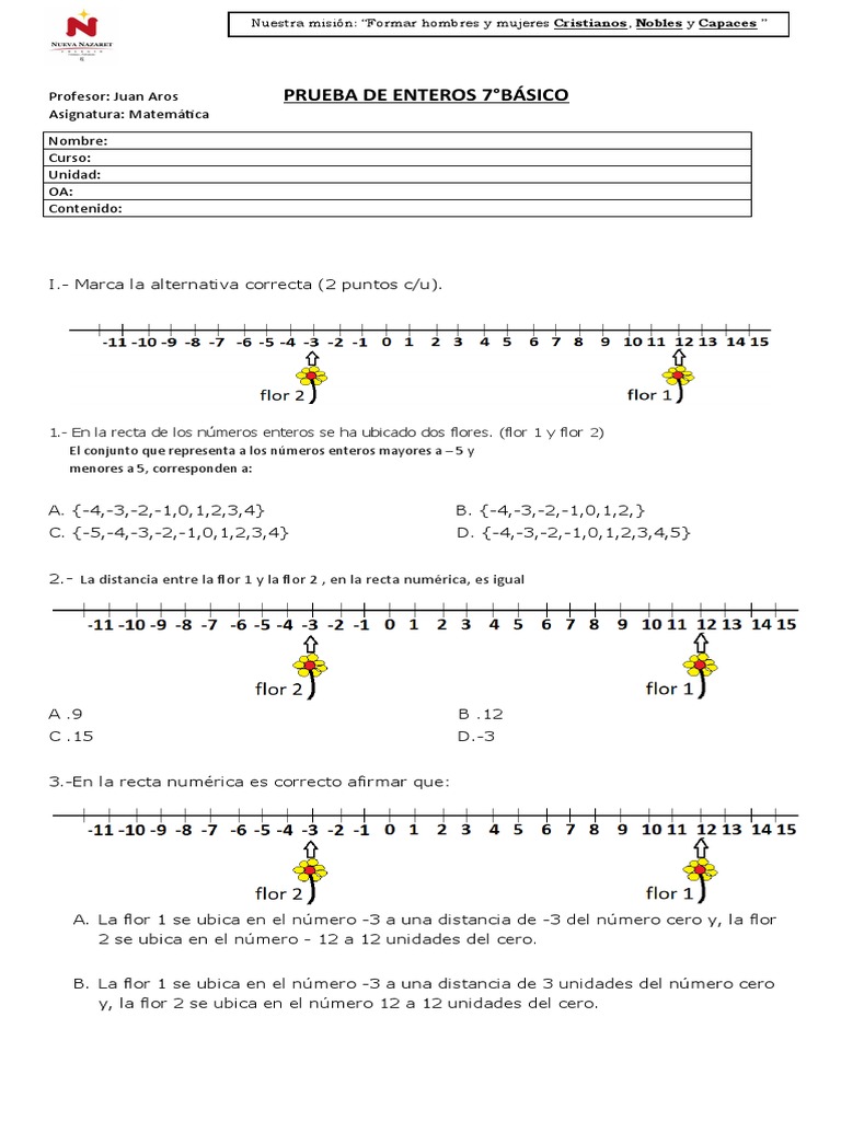 Prueba de enteros para evaluar conocimientos básicos sobre números enteros | PDF | Entero ...