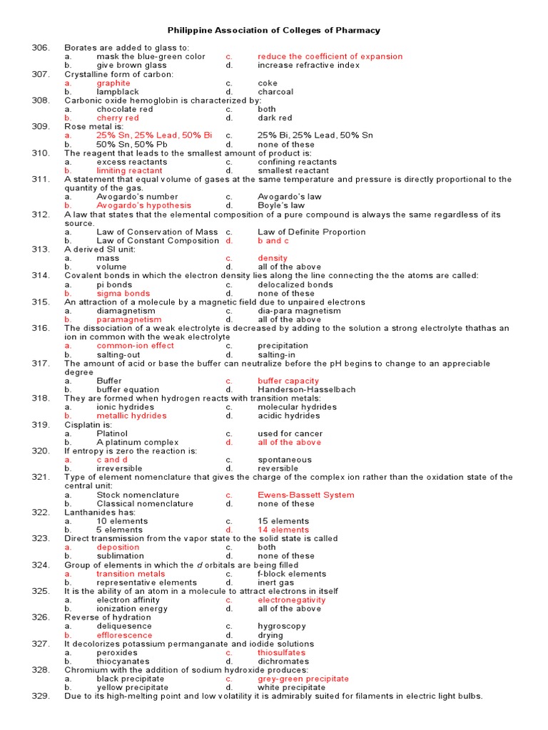 Pharmaceutical Chemistry Answer Key (PINK PACOP) | PDF | Buffer ...