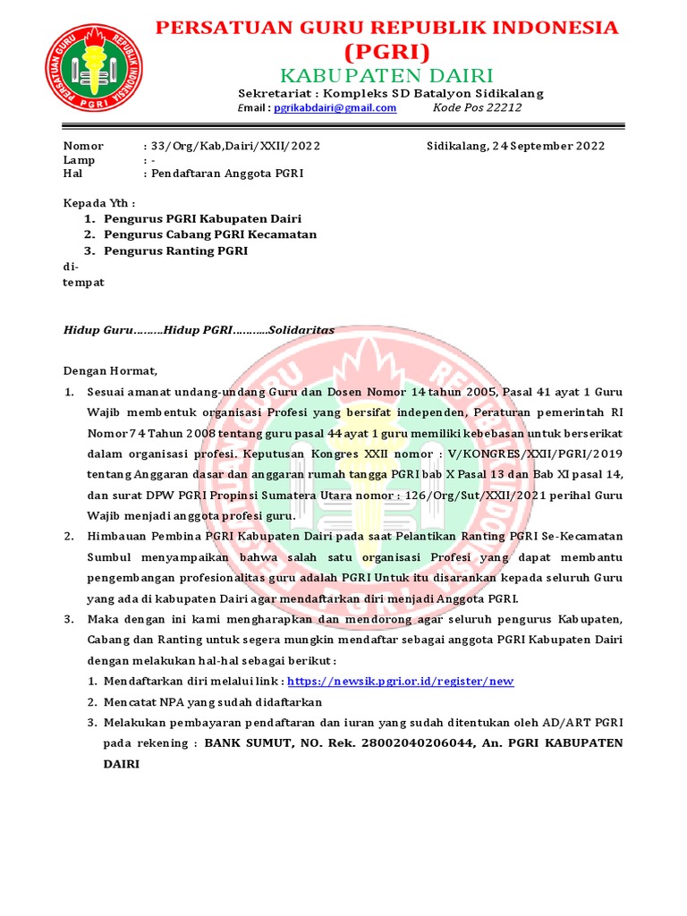 Surat Pendaftaran Anggota PGRI | PDF