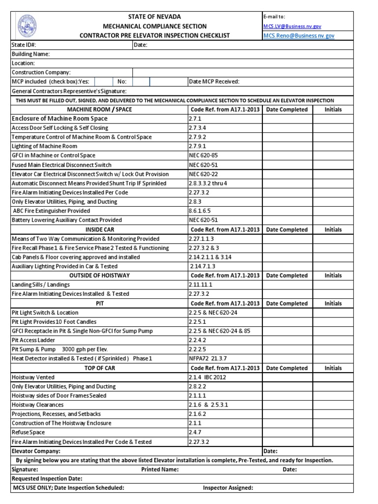Main - Elevator Pre Inspection Checklist Nevada | PDF | Elevator | Design