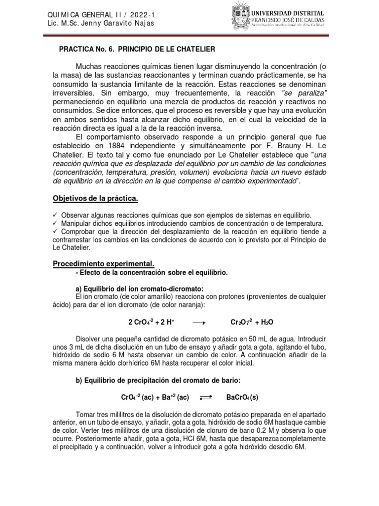 PRACTICA No 6 PRINCIPIO DE LE CHATELIER | PDF | Equilibrio químico | Reacciones químicas