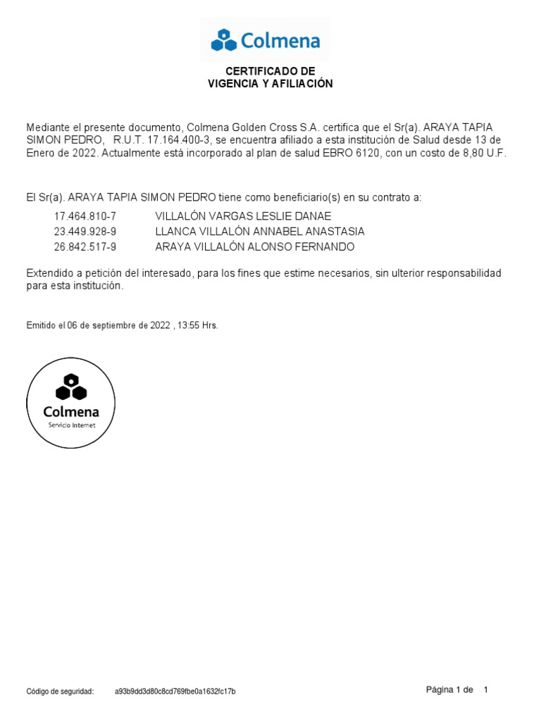 Cert Vigencia Afiliacion | PDF