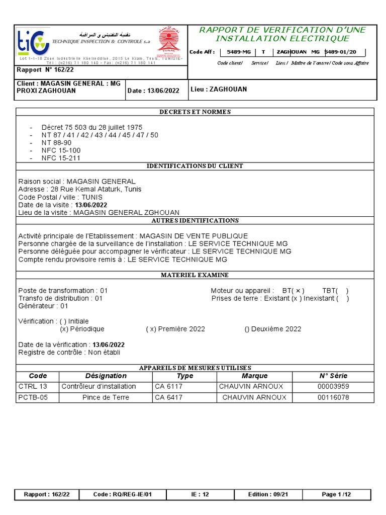 Rapport de Verification D'Une Installation Electrique: Technique ...