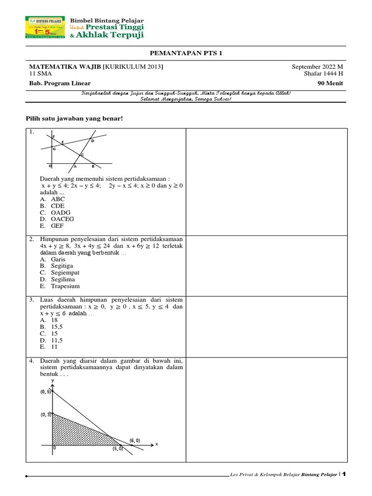 Pemantapan PTS 1 - Matematika Wajib 11 SMA K13 (Program Linear) (Layout) TA 22-23 | PDF