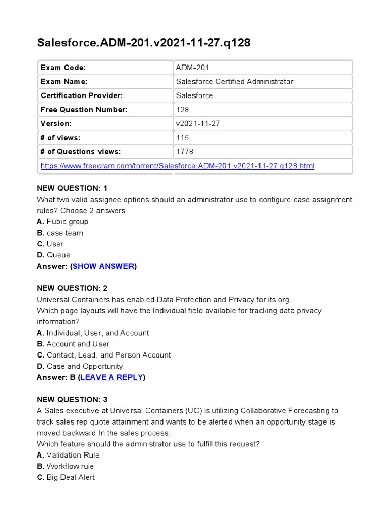 Salesforce ADM-201 v2021-11-27 q128 | PDF | Cloud Computing | Login