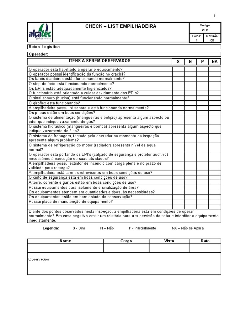 CheckList Empilhadeira | PDF CheckList Empilhadeira | PDF