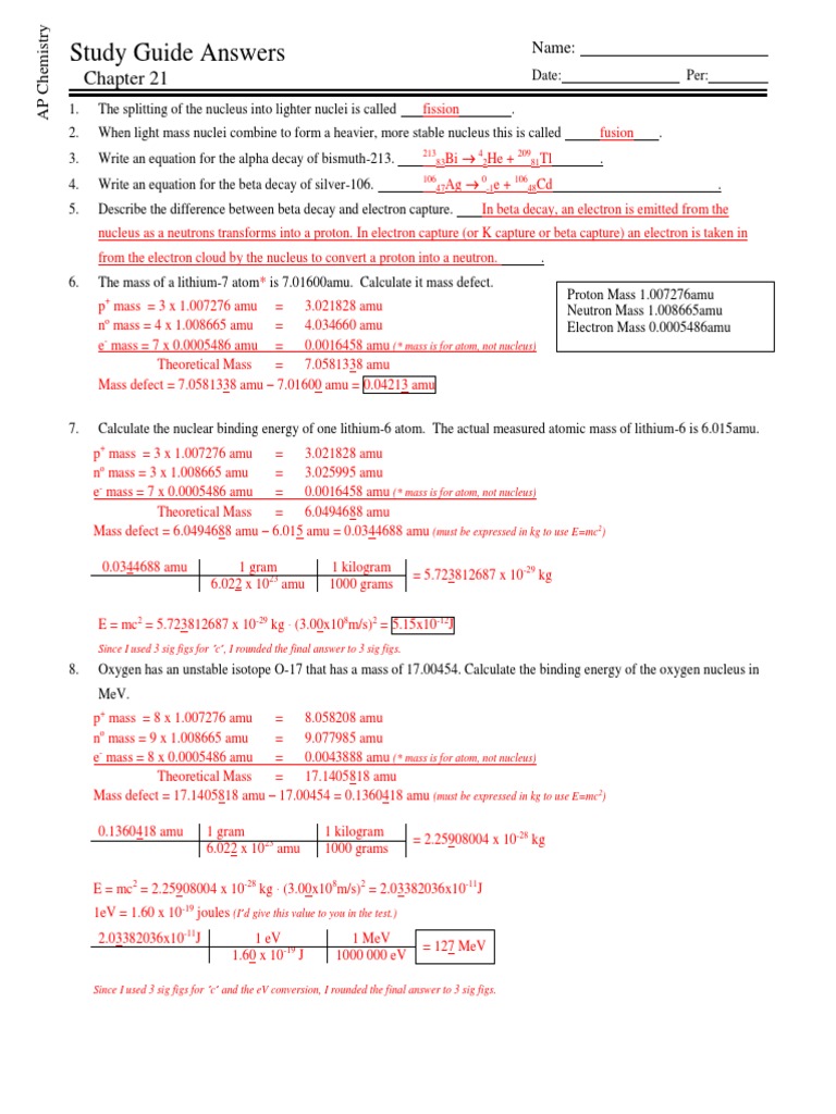 Study Guide Answers - Chapter 21 | PDF | Atomic Nucleus | Neutron