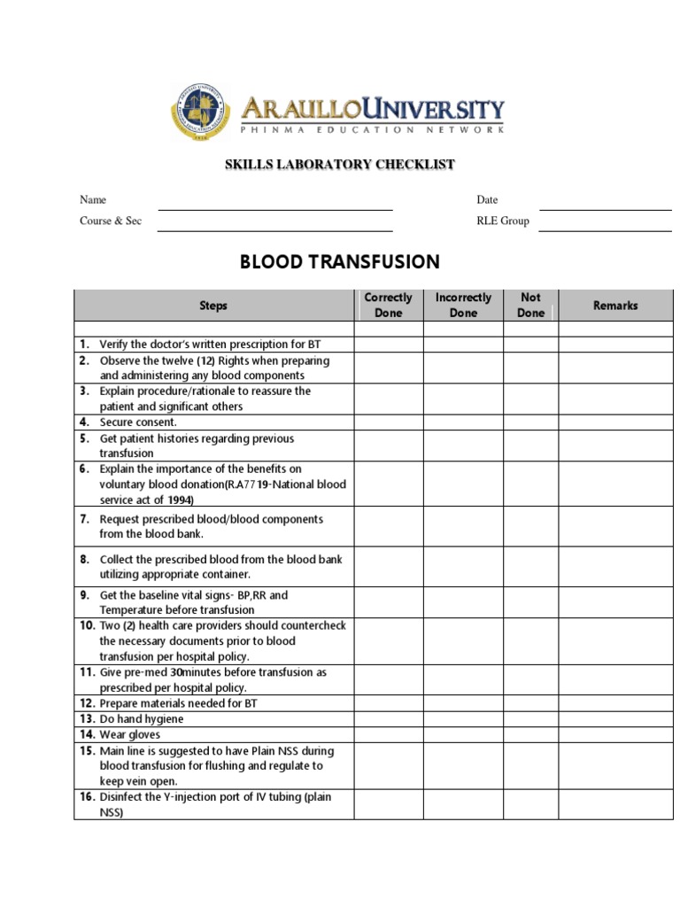 Blood Transfusion Procedure Checklist | PDF | Blood Transfusion | Blood