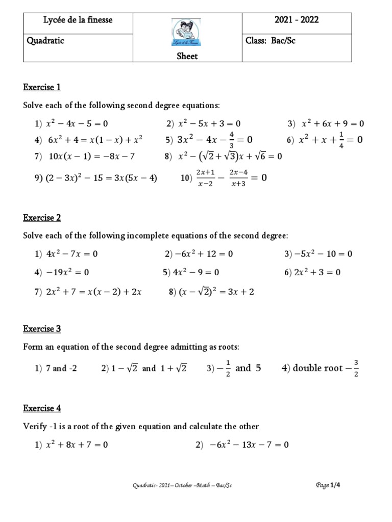 Exercises of Quadratic | Download Free PDF | Quadratic Equation ...