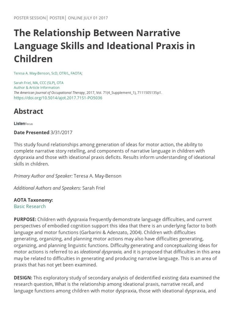 The Relationship Between Narrative Language Skills and Ideational Praxis in Children | PDF ...