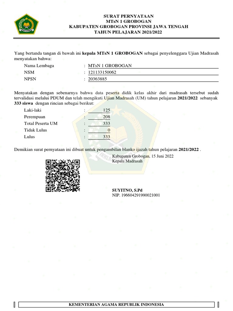 Surat Pernyataan MTSN 1 Grobogan | PDF