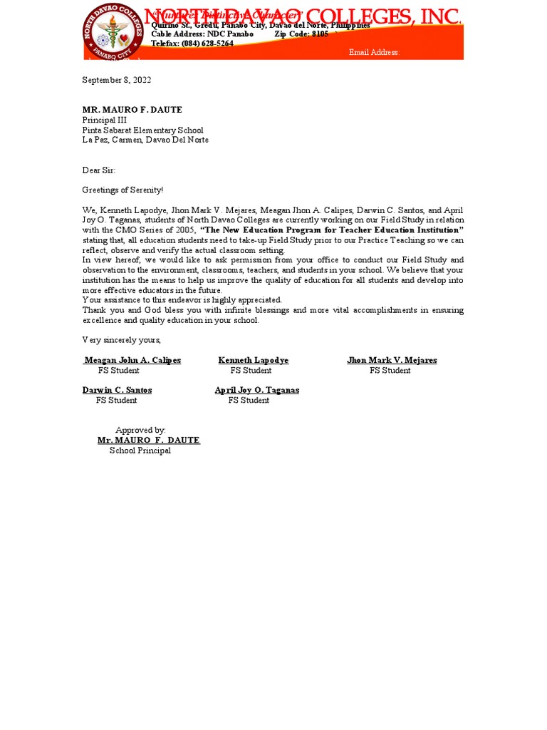 Request for Permission to Conduct a Field Study Observation at Pinta ...