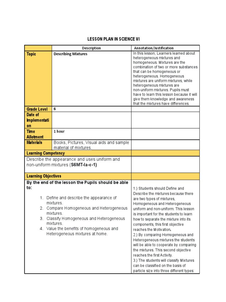 Understanding Mixtures: Lesson Plan for Grade 6 | PDF | Mixture ...