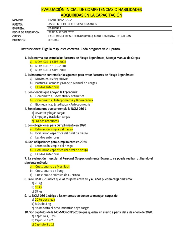 Examen INICIAL NOM-036-1-STPS HIANI SILVA | PDF | Factores humanos y ...