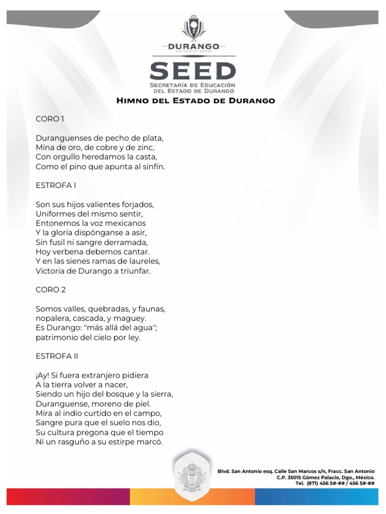 01 Himno Del Estado de Durango Letra | PDF | Ciencias sociales