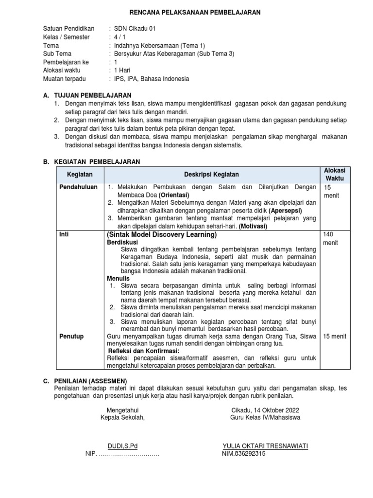 RPP IPA, IPS Bahasa Indnesia Kelas 4 Sub Tema 3 Bersyukur Atas Keberagaman Pembelajaran 1 | PDF