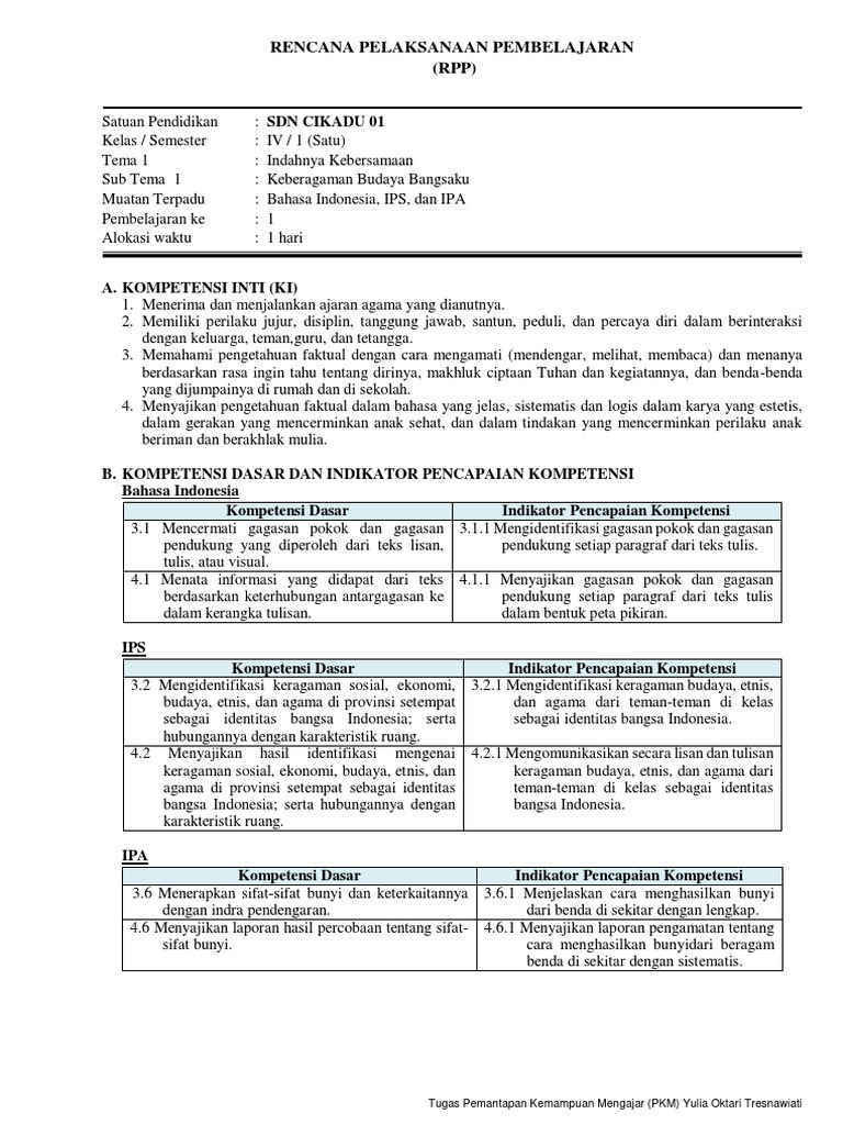 RPP Bahasa Indonesia, IPS, Dan IPA Kelas 4 Keberagaman Budaya Bangsaku Sub Tema Pembelajan ...