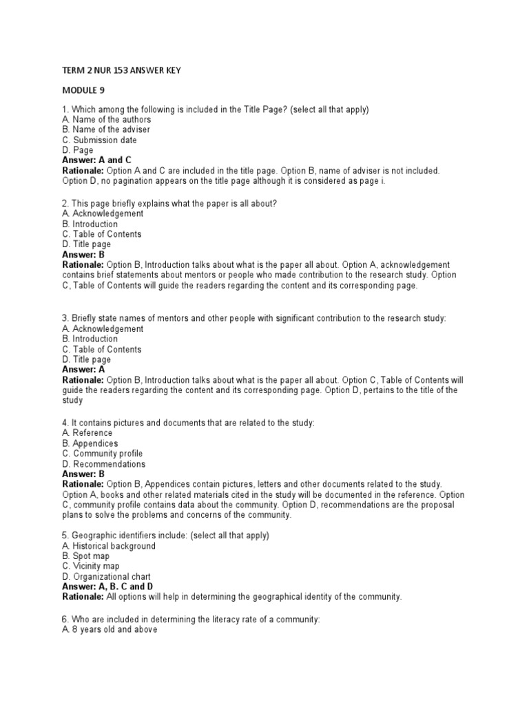 NUR 153 Term 2 Answer Key Overview | PDF | Infection | Malaria