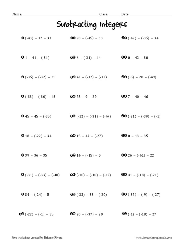 Subtracting Integers: Free Worksheet Created by Brianne Rivera | PDF