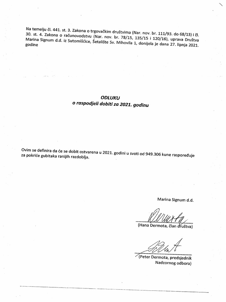 Odluka o Raspodjeli Dobiti Ili Pokricu Gubitaka 2021 MB02820315 | PDF