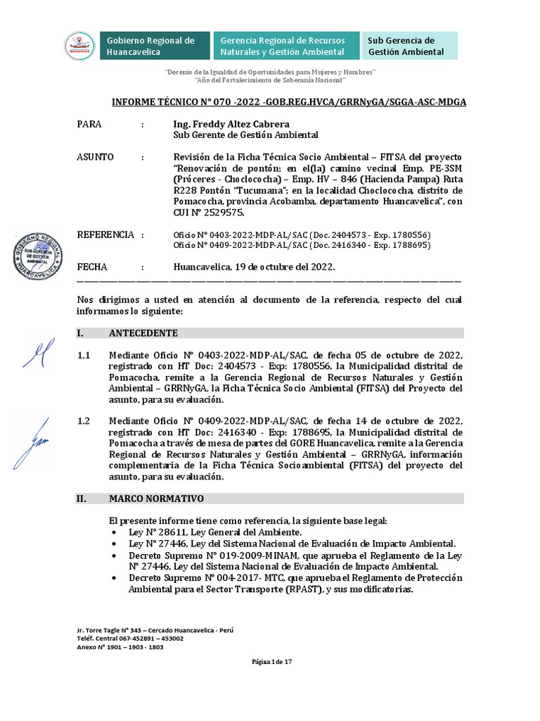 INFORME TÉCNICO #070 C FITSA Pontón Tucumana-Pomacocha - Con Firma | PDF | Evaluación de impacto ...