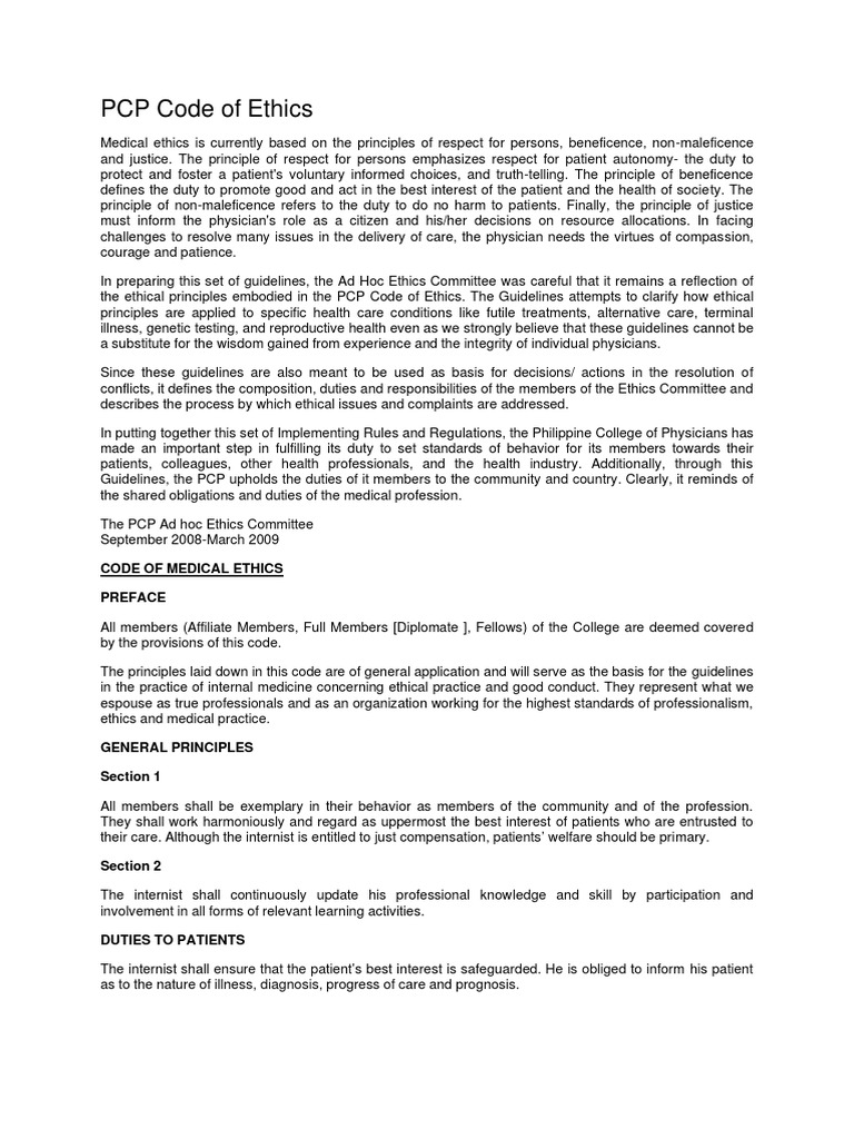 PCP Code of Ethics | PDF | Medical Ethics | Terminal Illness