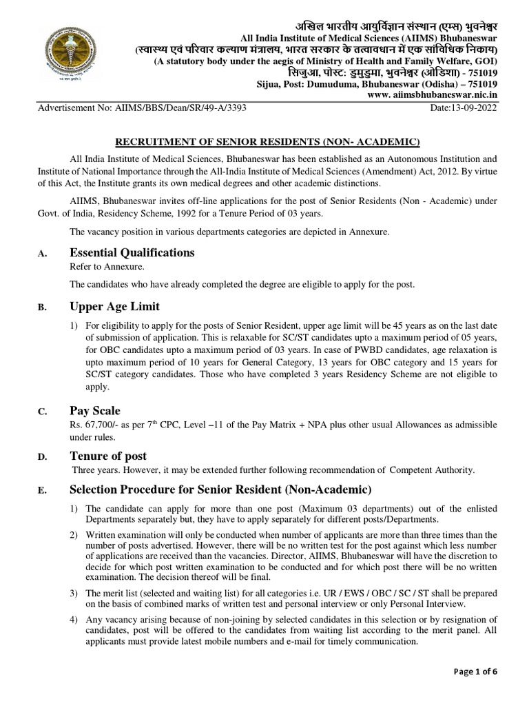 Notification AIIMS Bhubaneswar SR Resident Vacancy | PDF | Doctor Of ...