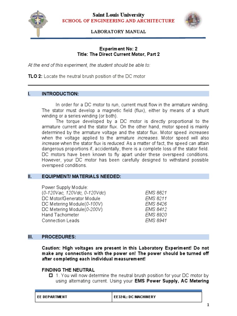 Expt - No.2 (The Direct Current Motor, Part 2) | PDF | Electric Motor | Power Supply