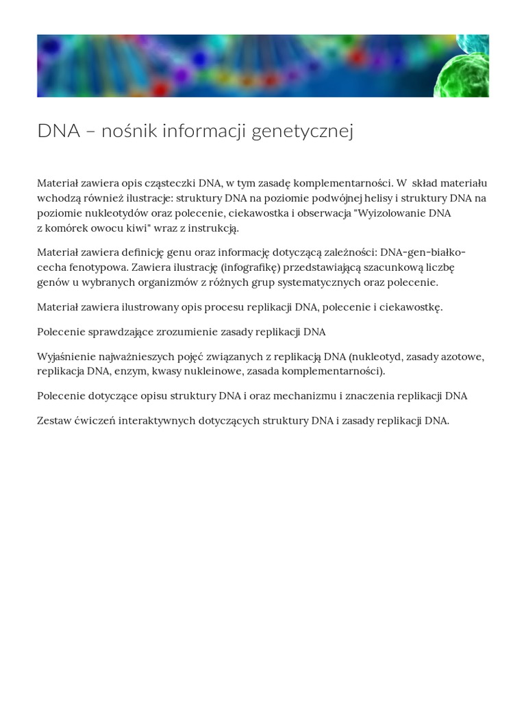 DNA - Nosnik Informacji Genetycz | PDF