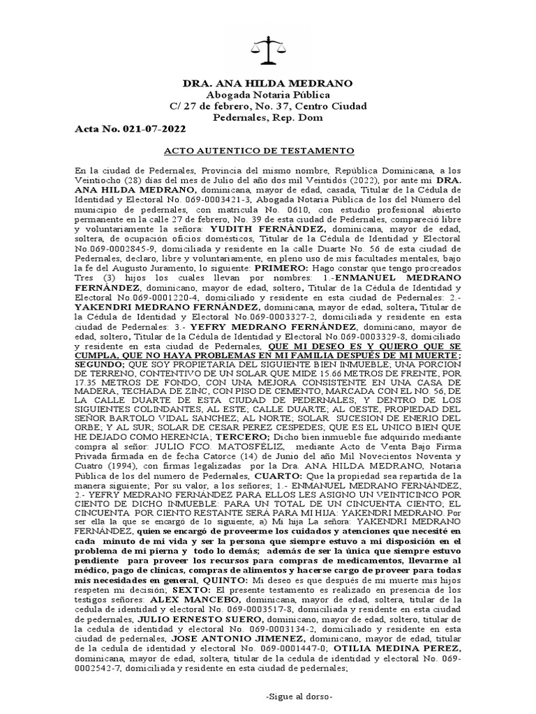 Acto Autentico de Testamento 2 Dra. Ana Hilda Medrano | PDF | República ...