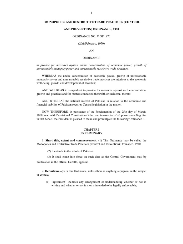 Monopolies and Trade Practices Ordinance | PDF | Cartel | Mergers And ...