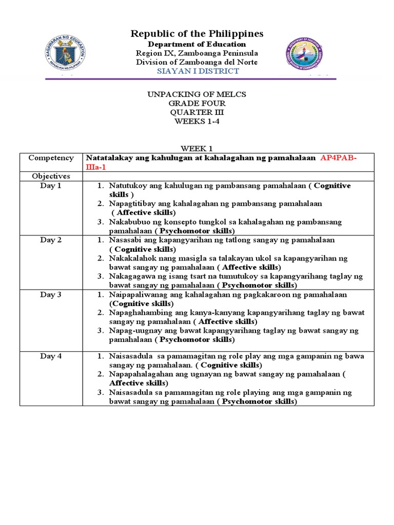 Unpacking of Melcs Grade 4 Quarter 3 Weeks 1 4 | PDF