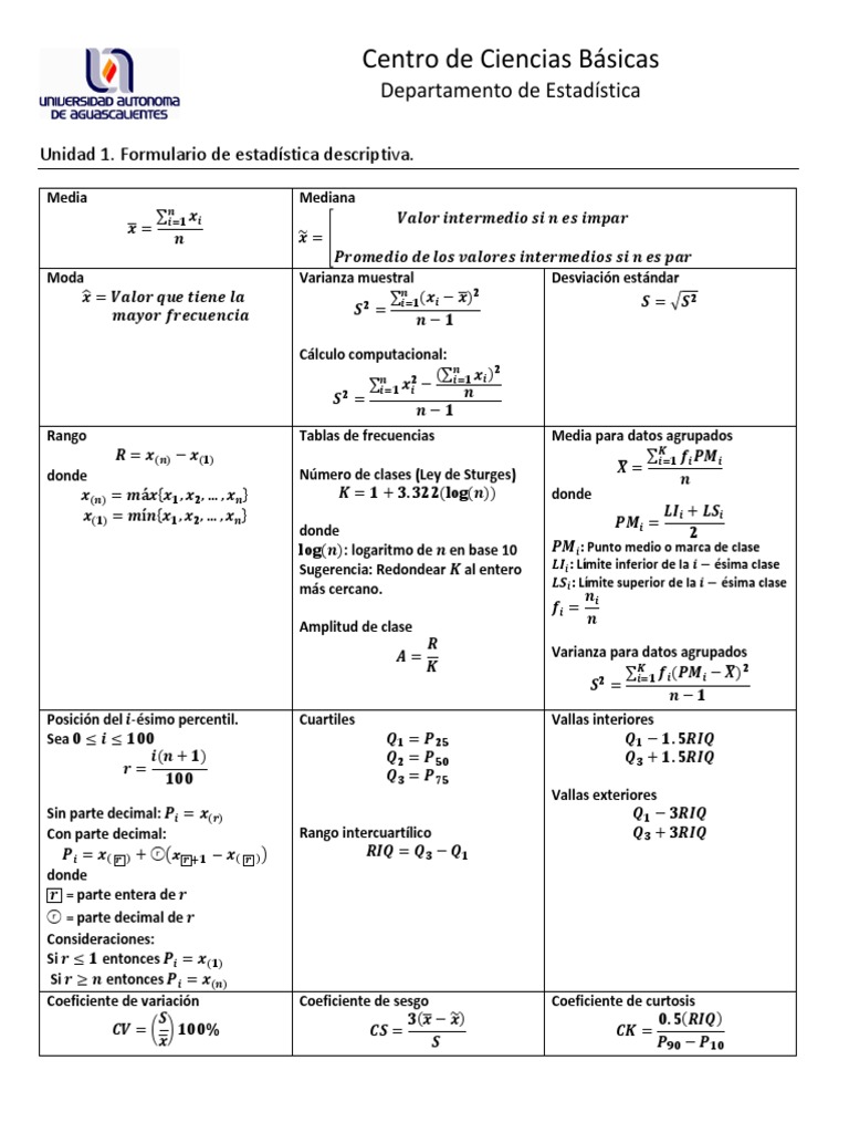 Unidad 1 - E1-Formulario Estadistica Descriptiva V2 | PDF | Estadísticas descriptivas ...
