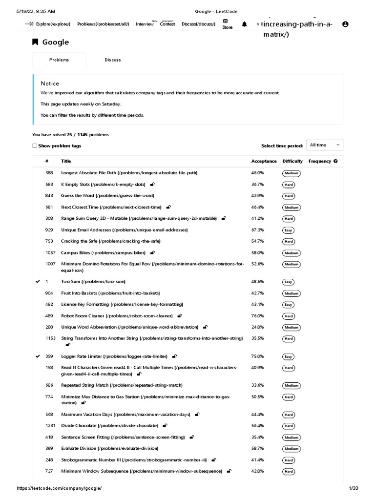 Google Tagged LeetCode Questions Decreasing Frequency 1666171615 | PDF ... Google Tagged LeetCode Questions Decreasing Frequency 1666171615 | PDF ...