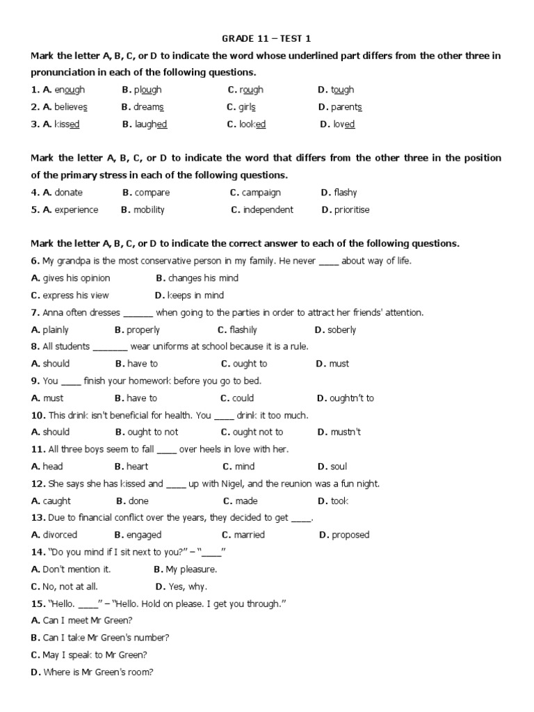 Grade 11-Test 1 | PDF