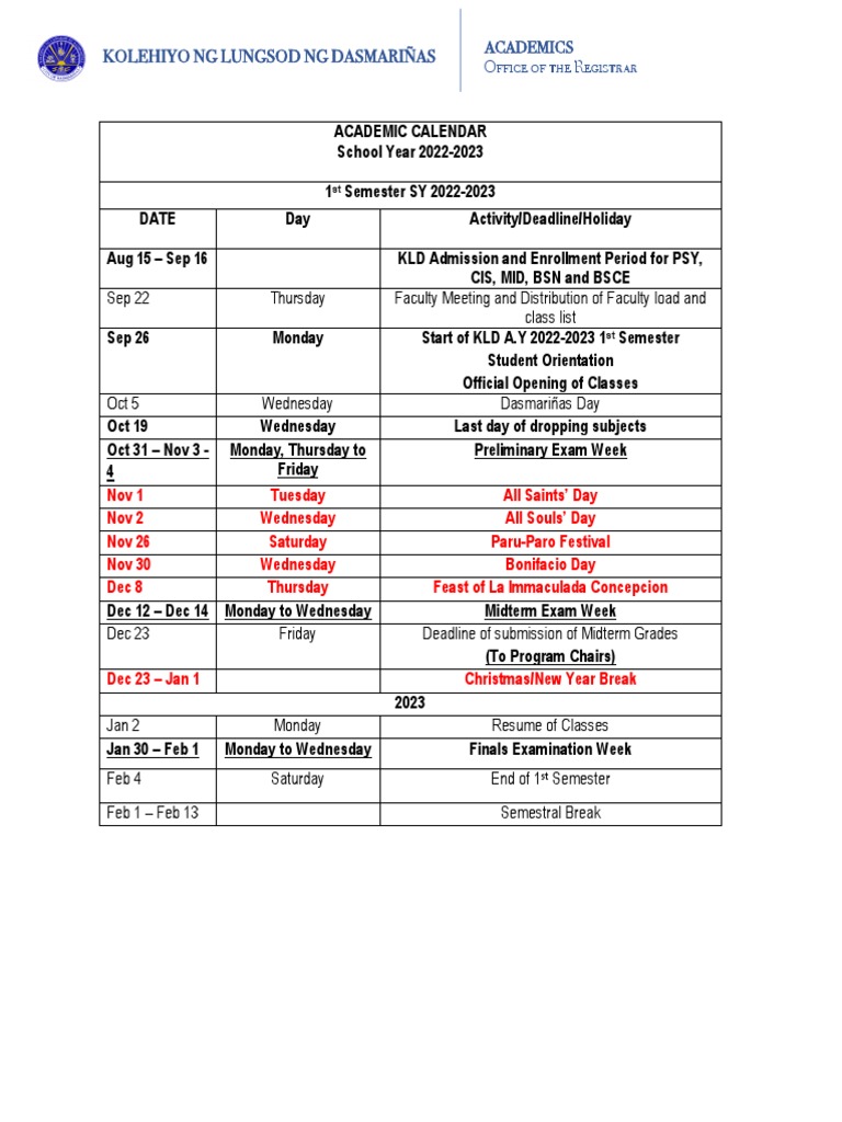 Academic Calendar AY 2022 2023 | PDF | Academic Term | Observances