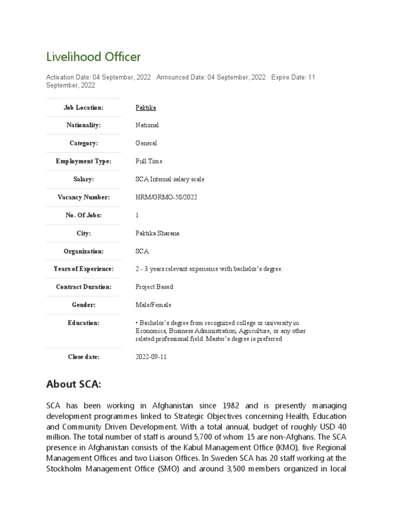 Livelihood Officer 11 Sep - SCA | PDF | Vocational Education | Academic ...