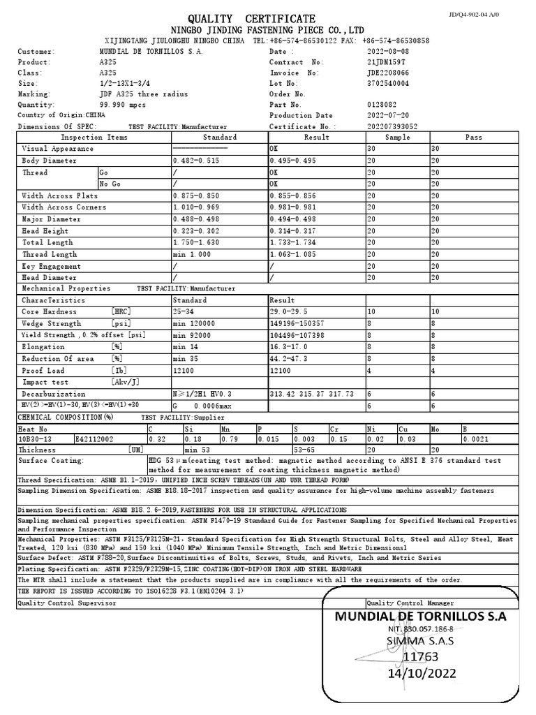 Quality Certificate for JDF Fasteners | PDF | Screw | Chemistry