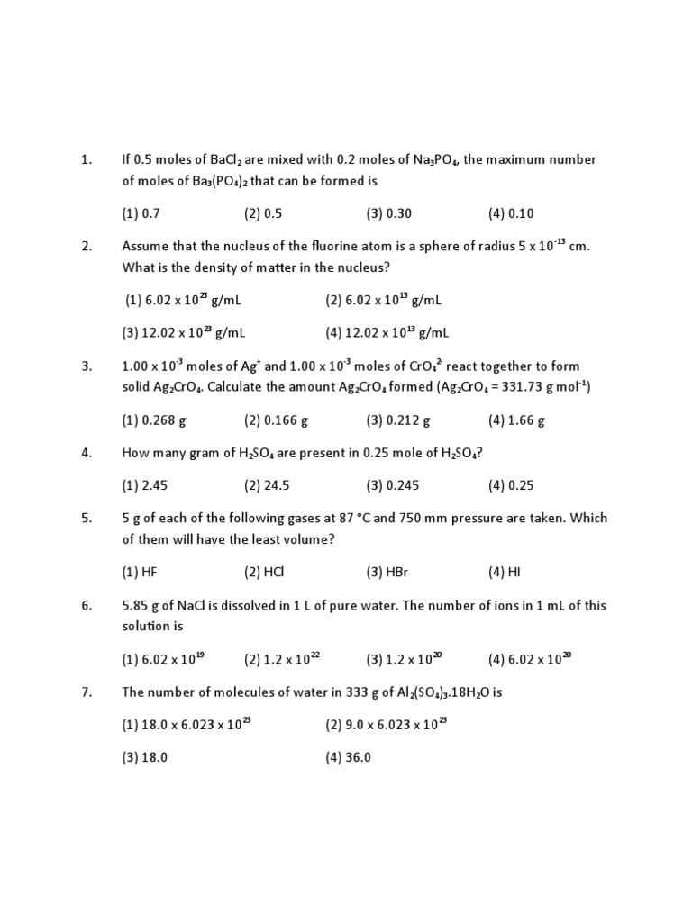 Mole Concept Test 2 | PDF | Hydrochloric Acid | Chlorine