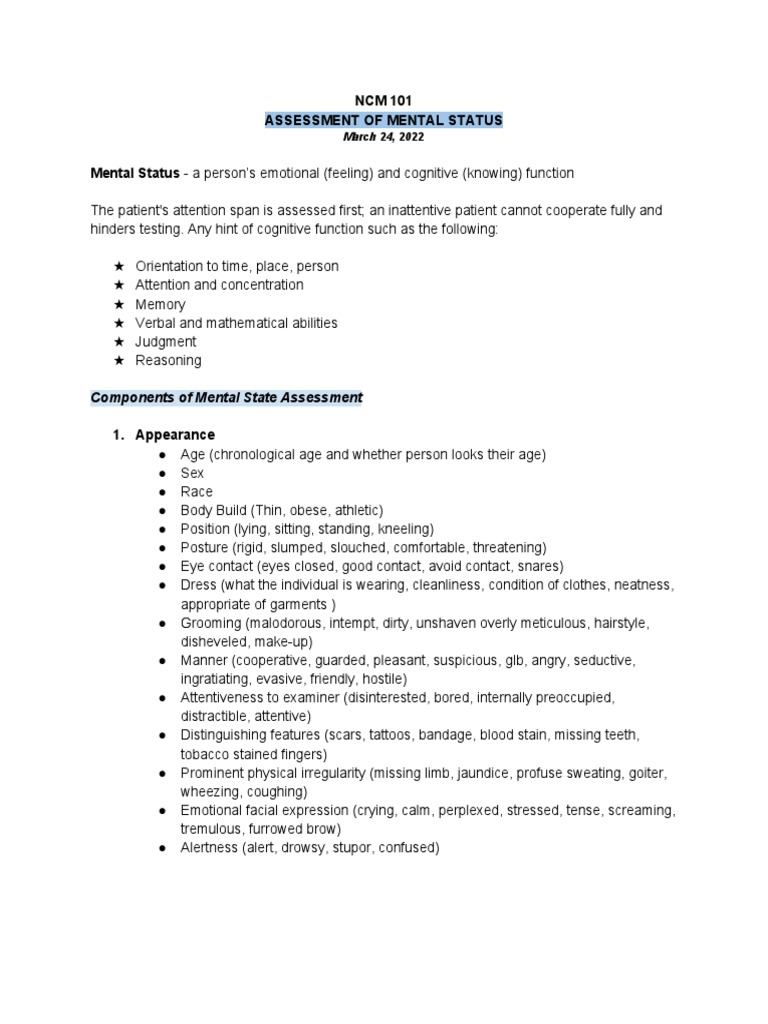 NCM 101 - Assessmental of Mental Status | PDF | Cognitive Science ...