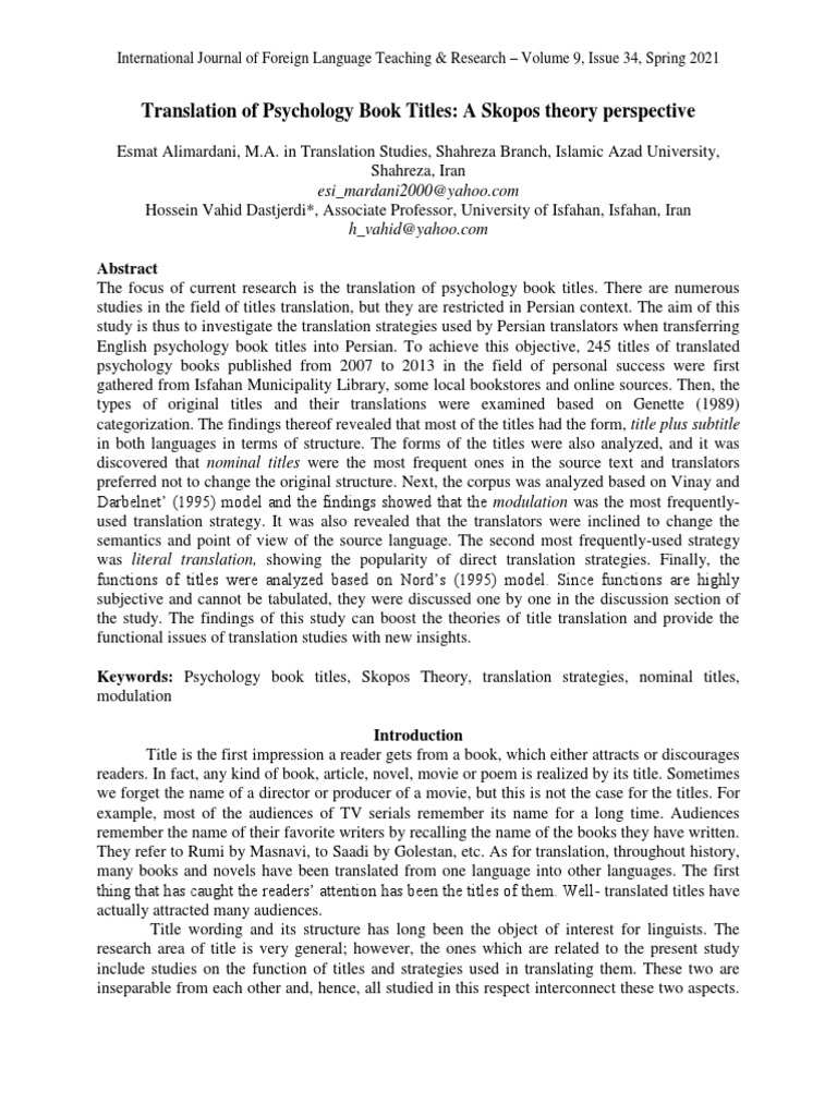 Translation of Psychology Book Titles. JFL - Volume 9 - Issue 34 ... Translation of Psychology Book Titles. JFL - Volume 9 - Issue 34 ...