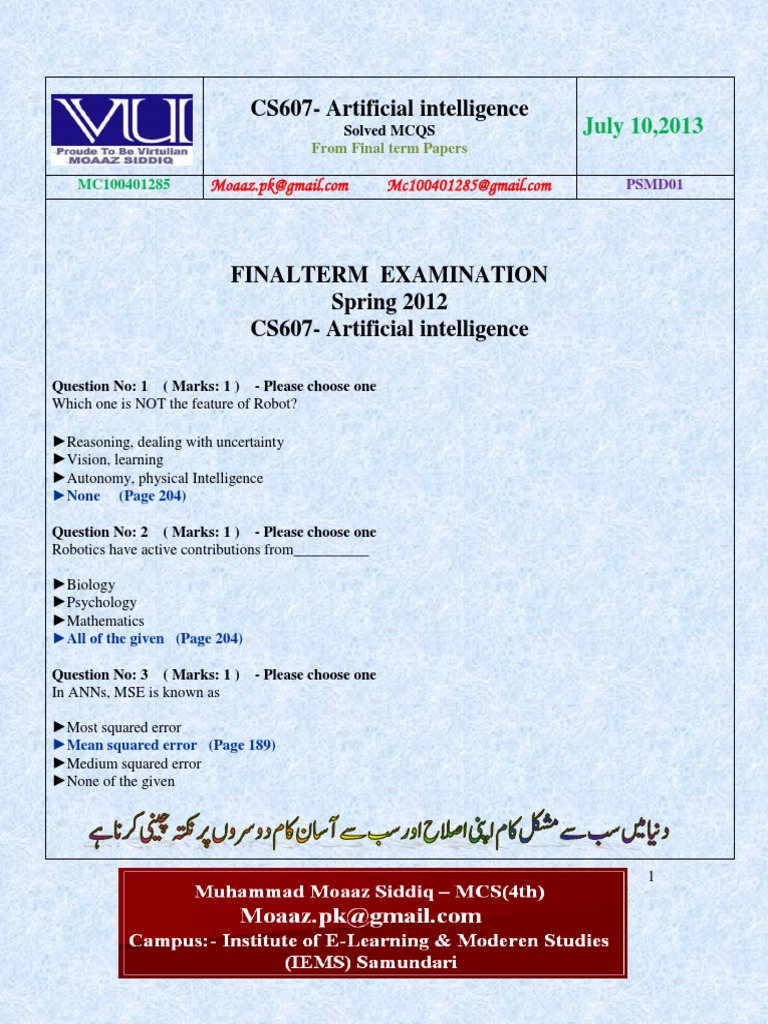 CS607 FinalTerm MCQs | PDF | Fuzzy Logic | Artificial Intelligence