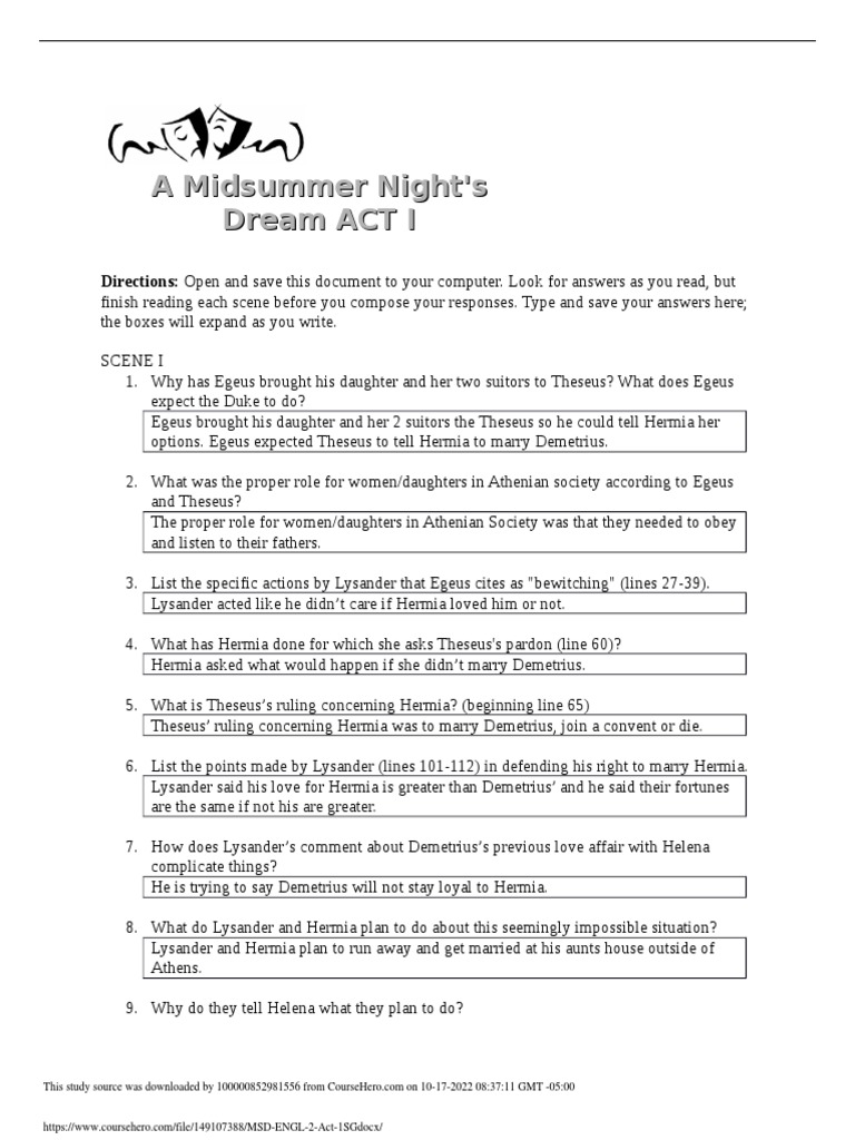 Shakespeare Study Guide | PDF | A Midsummer Night's Dream