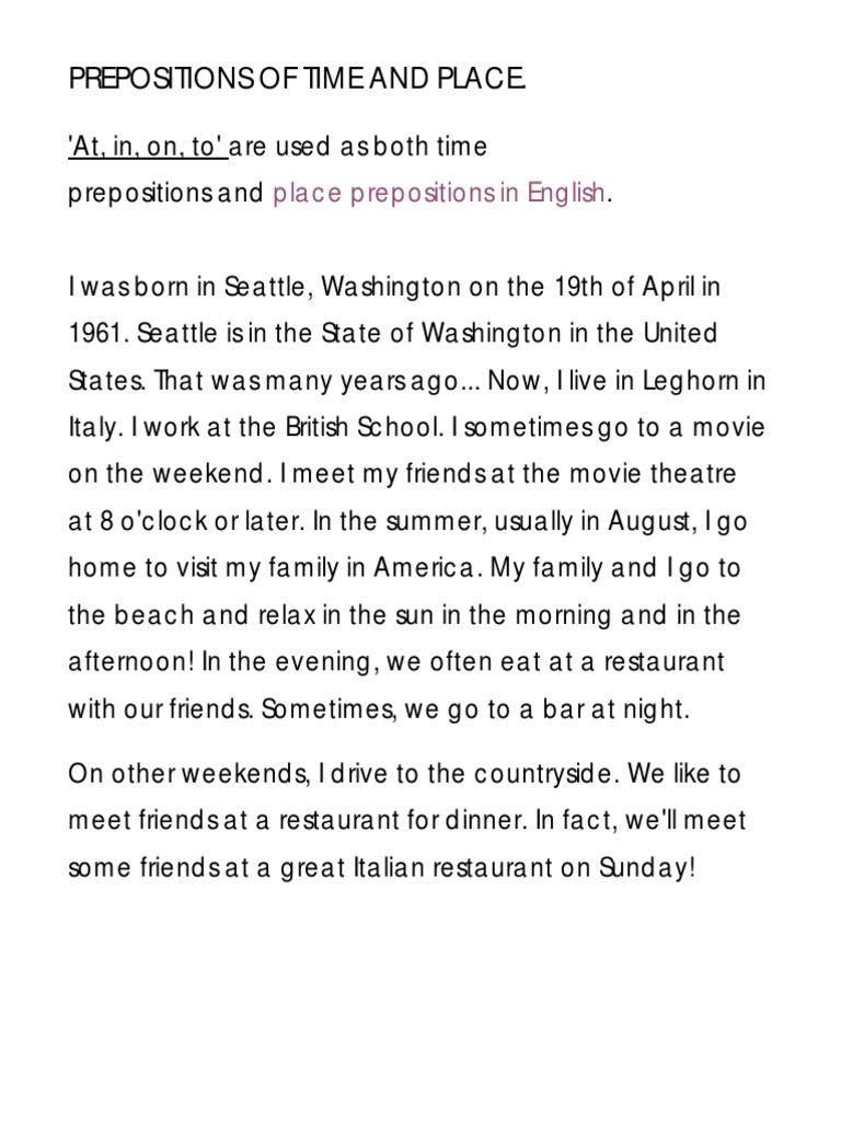 Prepositions of Time and Place Guide | PDF | Workweek And Weekend