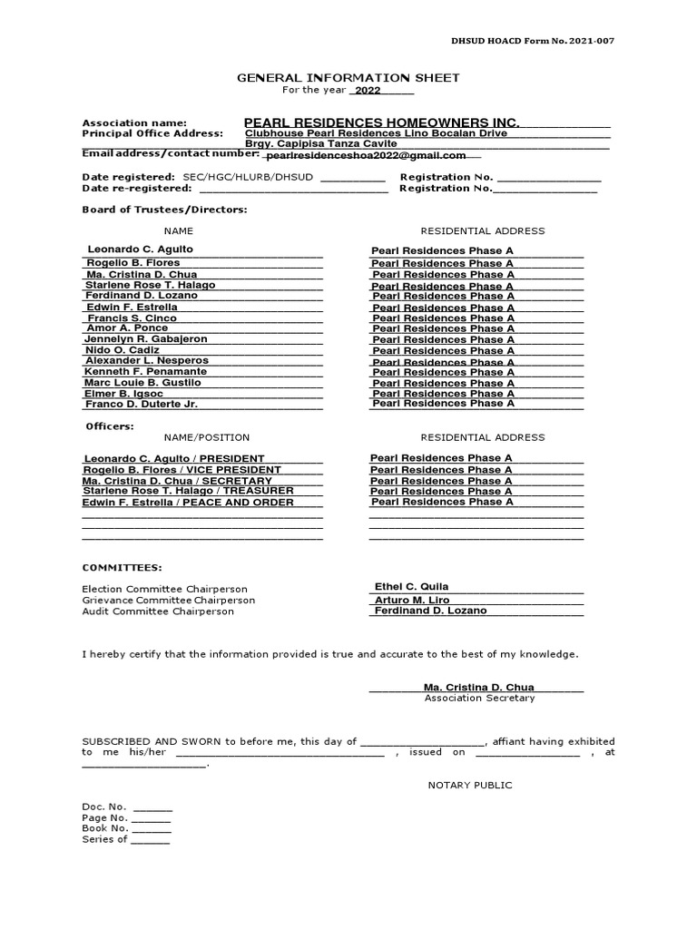 Pearl Residences Homeowners Inc.: General Information Sheet | PDF