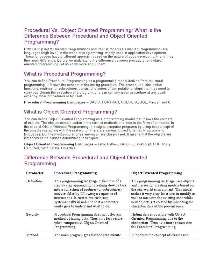 A Comprehensive Comparison Of Procedural Programming Vs Object Oriented Programming Pdf
